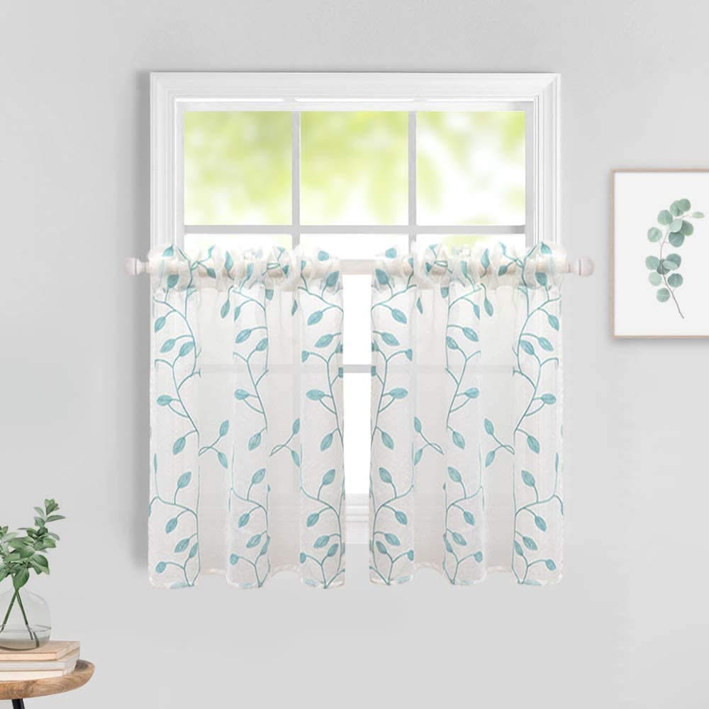 MIULEE Kitchen Linen Look Sheer Tiers Bathroom Curtains with Tan Leaf ...